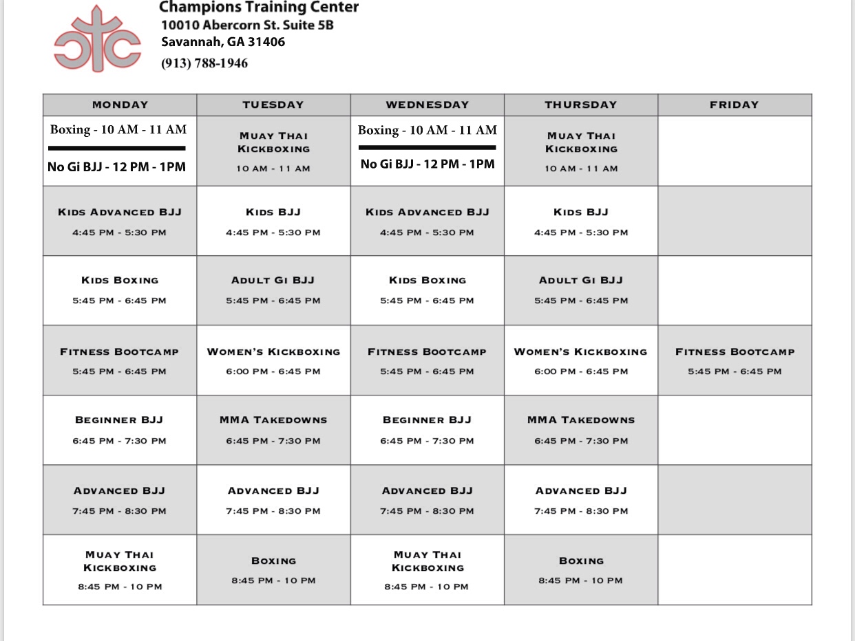 Class Schedule – Champions Training Center